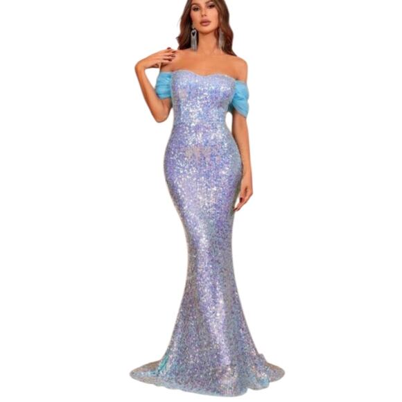 Faeriesty | Dresses | Faeriesty Formal Sequin Evening Gown Xs Blue Off Shoulder Mermaid Party ...